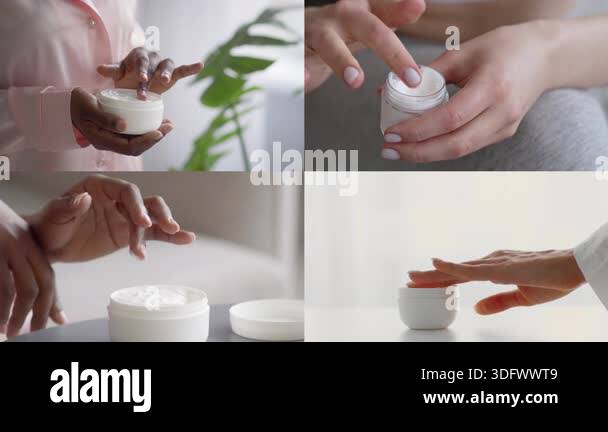 Hands apply creamy moisturizers in a cozy home setting, highlighting ...