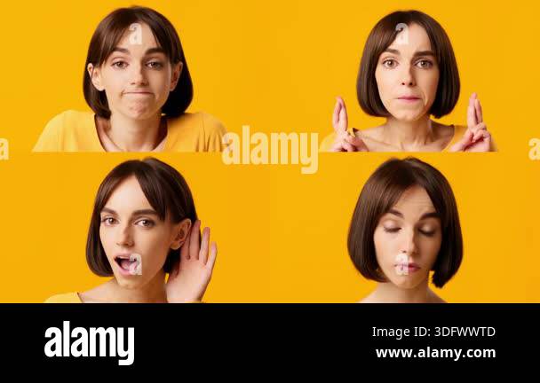 A young woman with a bob haircut displays various emotions in a collage ...