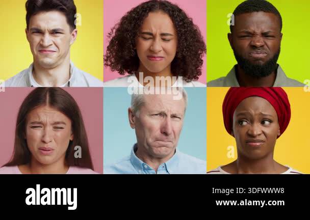 A collage of diverse individuals displays various emotions like disgust ...