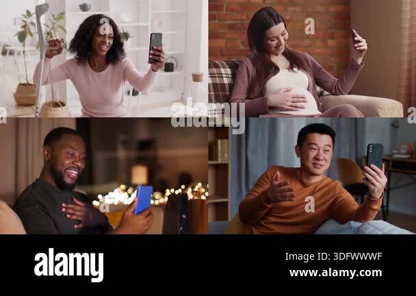 Four people enjoy vibrant video calls with smiles and gestures. Each ...