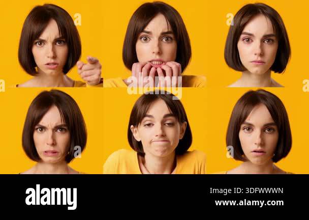 A young Caucasian woman showcases a spectrum of emotions against a ...