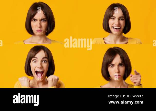 A young Caucasian woman displays a range of emotions, from anger to joy ...
