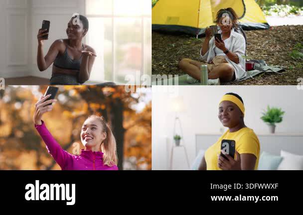 Four diverse women are seen using smartphones to connect through video ...