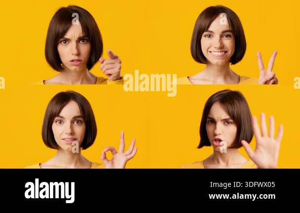 A young woman displays a variety of emotions, ranging from anger to ...