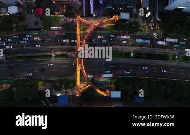 Aerial drone view of Jakarta cityscape above Jalan Jenderal Sudirman at ...