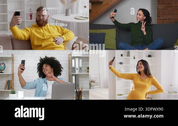 Footage shows different people taking selfies in home settings. Each ...