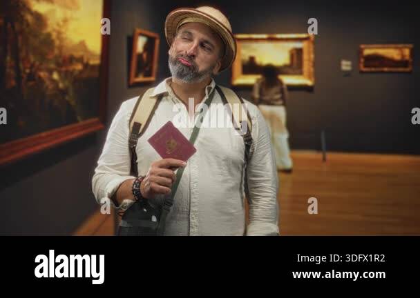 Man holds passport, wears straw hat and backpack, beard visible ...