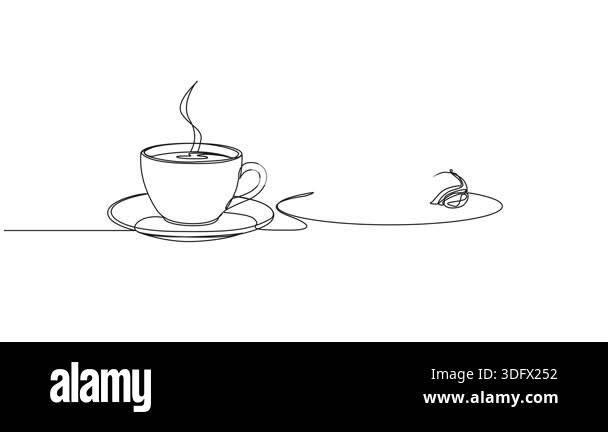 animated continuous line drawing of cup of coffee and croissant on ...