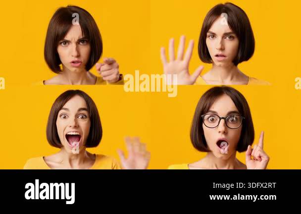 A young woman with a bob haircut displays a range of emotions including ...