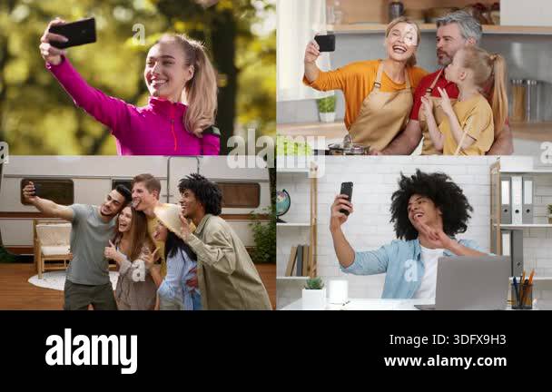 Groups of people are taking selfies in different locations and ...