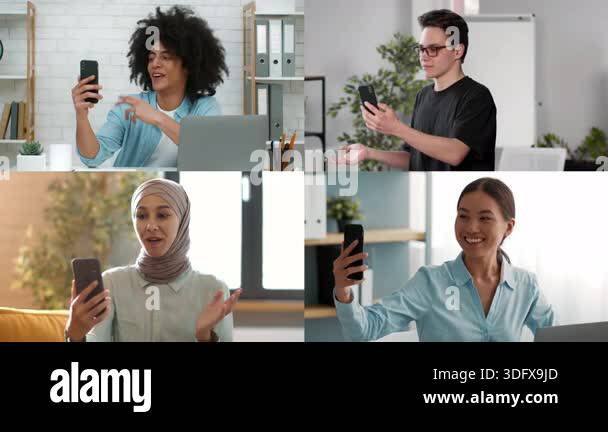 Four professionals participate in a remote conference, using ...