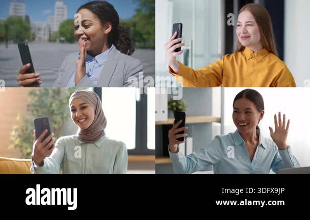 Four diverse ladies engage in virtual communication through smartphones ...