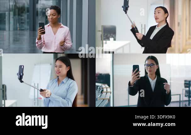 Four business professionals participate in a remote conference, each ...