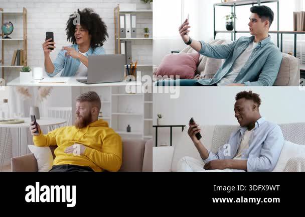 Four men are participating in video calls on their smartphones while ...