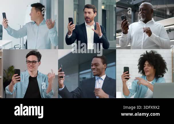 Eight individuals participate in video calls using smartphones during a ...