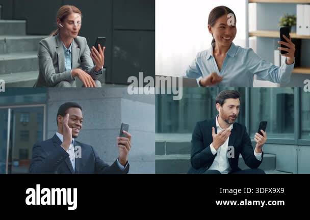 Four businesspeople connect through smartphones for a remote conference ...