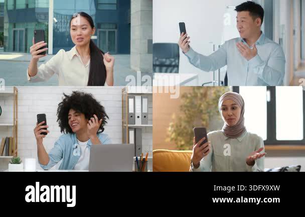 Four individuals connect remotely using smartphones during a business ...