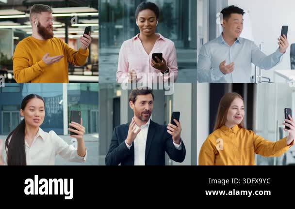 A diverse group of professionals participates in a remote video chat ...