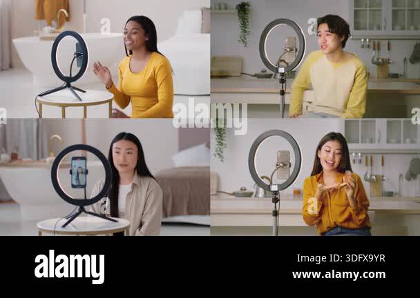 Four individuals connect through their smartphones, showcasing lively ...