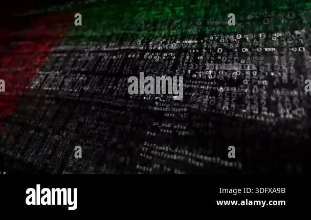 United Arab Emirates flag waving secure code. UAE blowing banner cyber ...