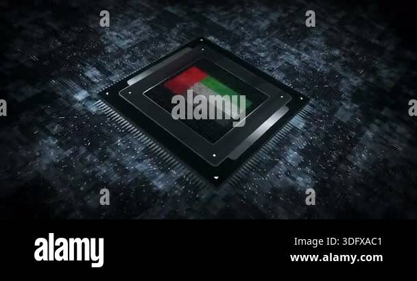 United Arab Emirates flag on computer cpu. UAE banner digital and cyber ...