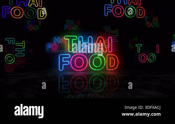Thai food bar neon glowing symbol. Light color bulbs. Thailand ...