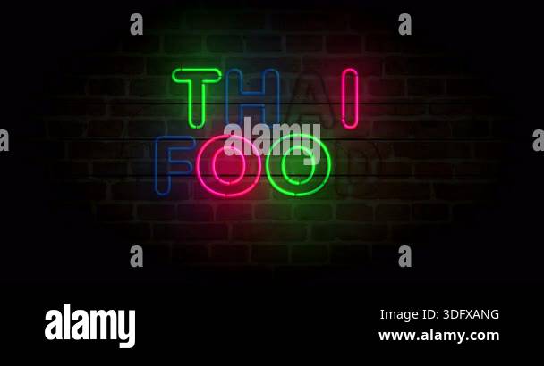 Thai food bar neon symbol on brick wall. Thailand restaurant light ...