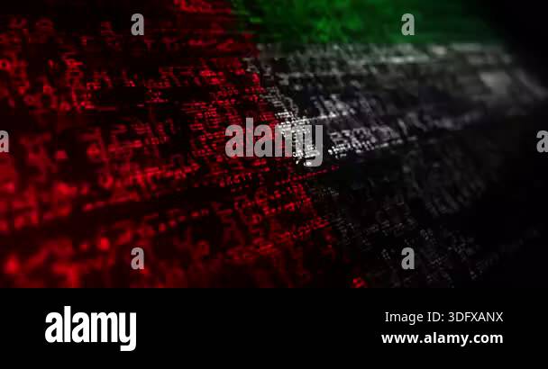 United Arab Emirates flag waving secure code. UAE blowing banner cyber ...