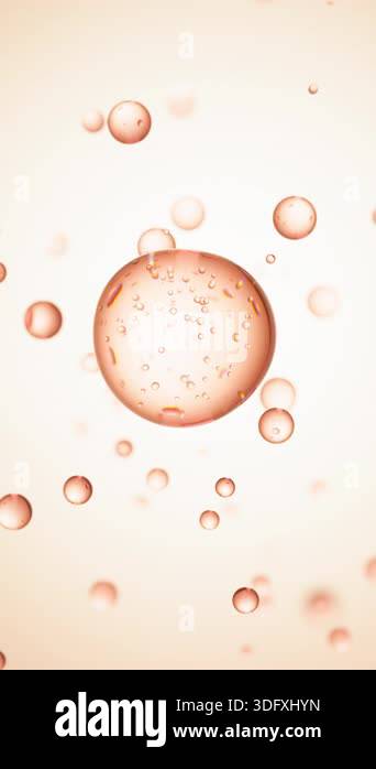 Macro of transparent drop of red liquid with bubbles inside on pink ...