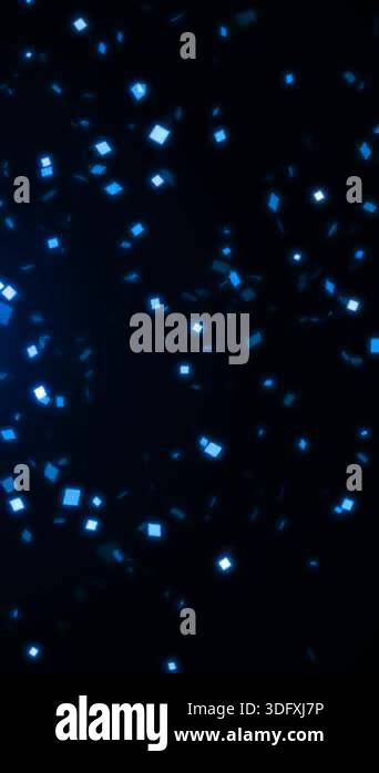 Glowing blue squares are falling against a dark background. Abstract ...