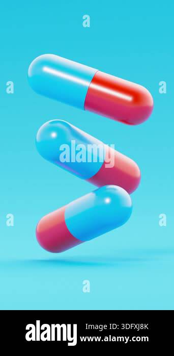 Animation of blue red medicine capsules rotating against blue backdrop ...