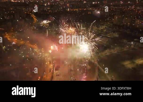 Drone view of Krakow at night with colorful New Year fireworks. Vibrant ...