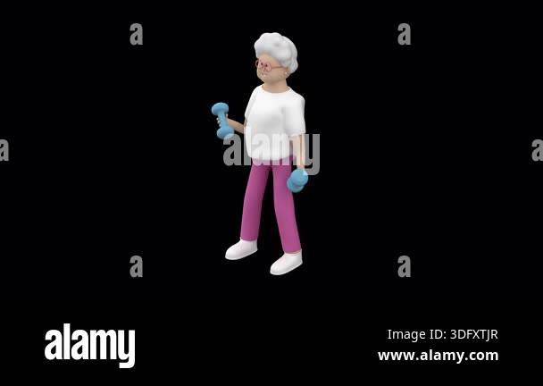 An animation of a senior woman character doing biceps curls with ...
