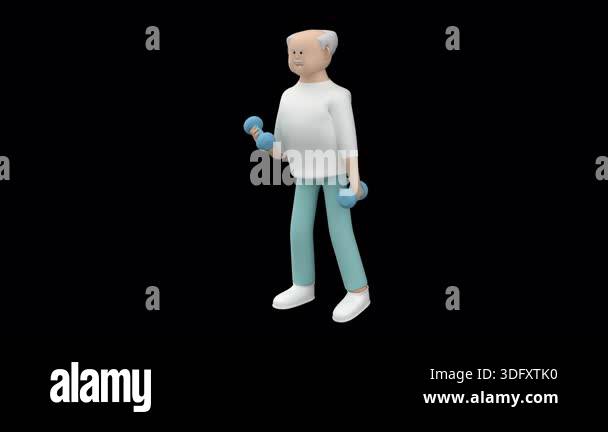 An animation of a senior man character doing biceps curls with ...