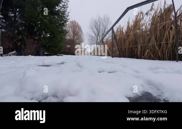 A walk along a snow-covered wooden terrace. Fresh snow blankets the ...