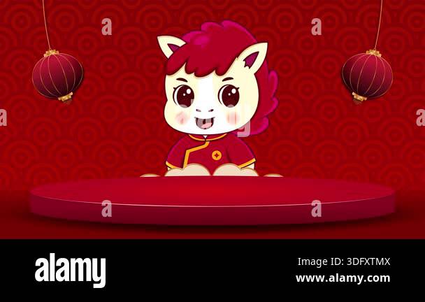 Chinese new year background with cute horse animation and podium for ...