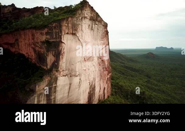 aerial drone footage of a table mountain rock in Jalapao National park ...