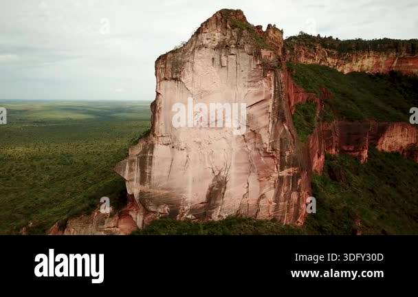 aerial drone footage of a table mountain rock in Jalapao National park ...