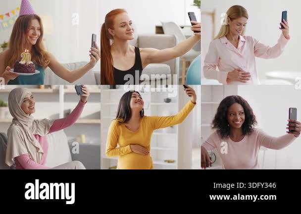 A collection of women of various backgrounds take selfies in a bright ...