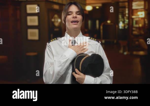 Female pilot in uniform stands in a hotel lobby with hand on chest ...
