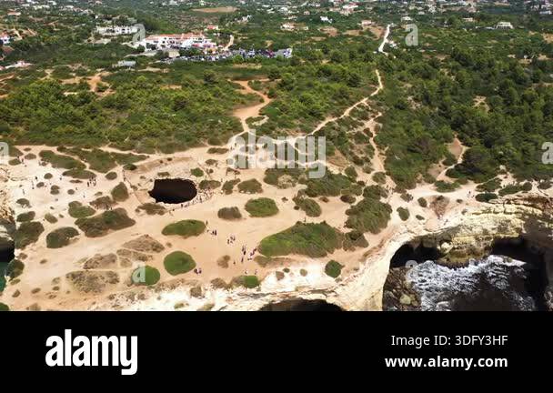 Aerial drone view of the famous Benagil Cave on the Algarve coast in ...