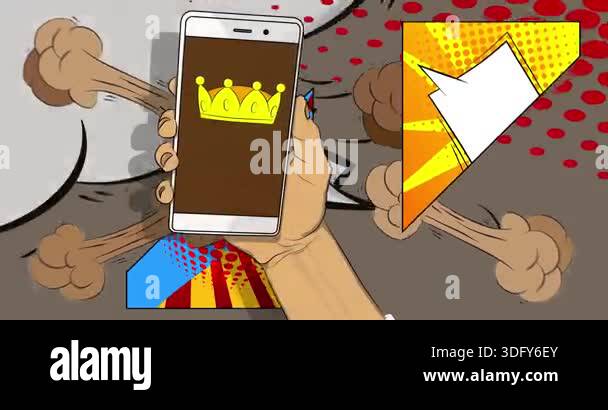 Cartoon Smartphone, comic book Telephone with Crown. Retro animation ...
