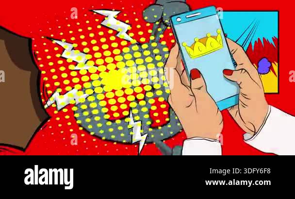 Cartoon Smartphone, comic book Telephone with Crown. Retro animation ...