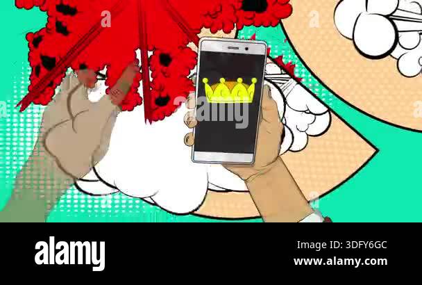 Cartoon Smartphone, comic book Telephone with Crown. Retro animation ...