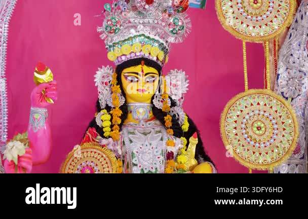 hindu goddess Lakshmi sculpture displayed at festive pandal Stock Video ...