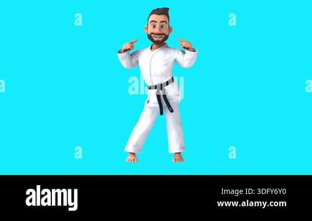 Fun 3D cartoon karateka male character dancing over blue background ...