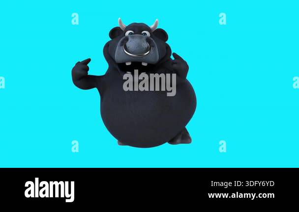 3D animated black cow cartoon character dancing against blue background ...