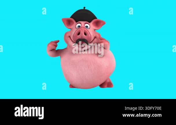 3D animated french pig cartoon character with beret and mustache ...