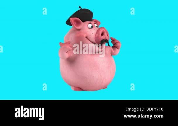 3D animated french pig cartoon character with beret and mustache ...