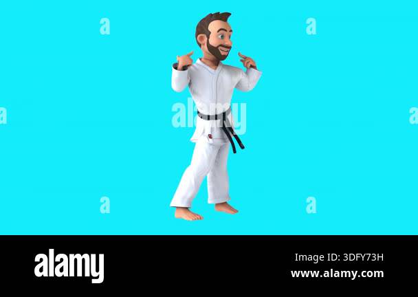 Fun 3D cartoon karateka male character dancing over blue background ...